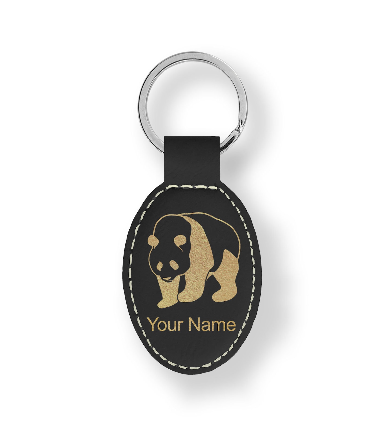 Faux Leather Oval Keychain, panda Bear, Personalized Engraving Included ...