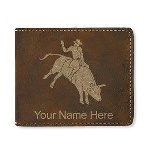 Faux Leather Bi-fold Wallet, bull Rider Cowboy, Personalized Engraving ...