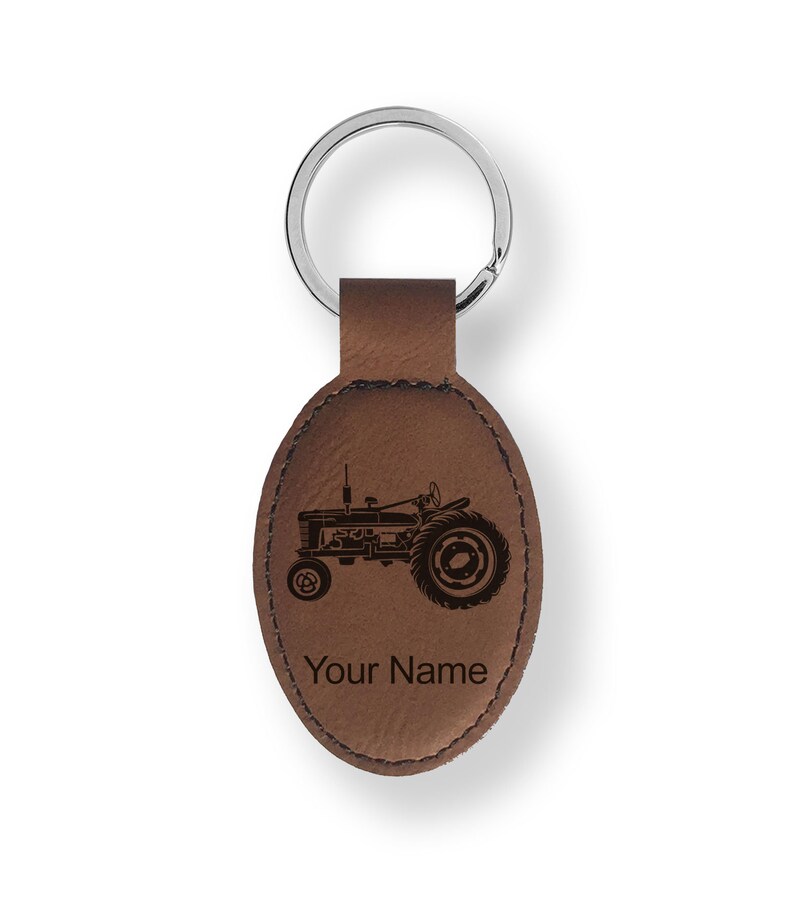 Faux Leather Oval Keychain, old Farm Tractor, Personalized Engraving ...
