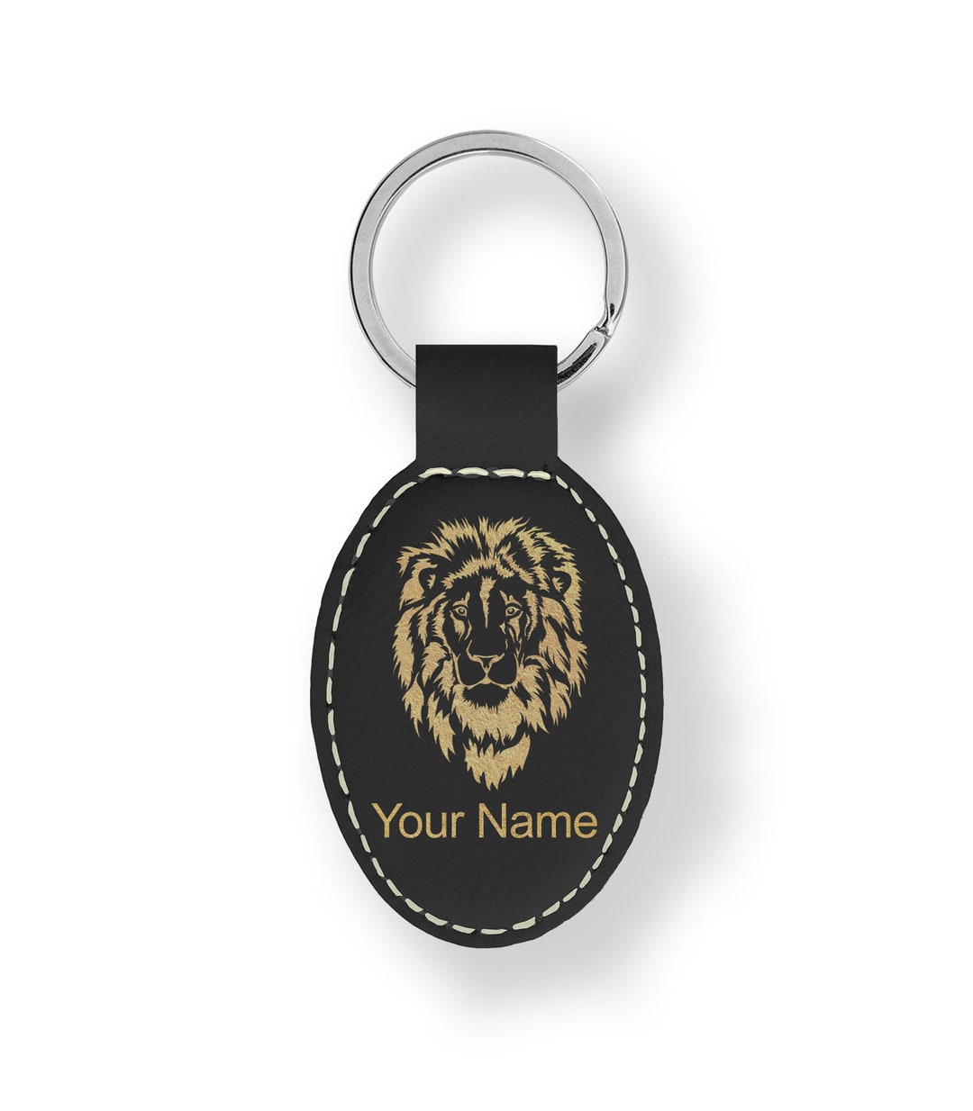 Faux Leather Oval Keychain, lion Head, Personalized Engraving Included ...