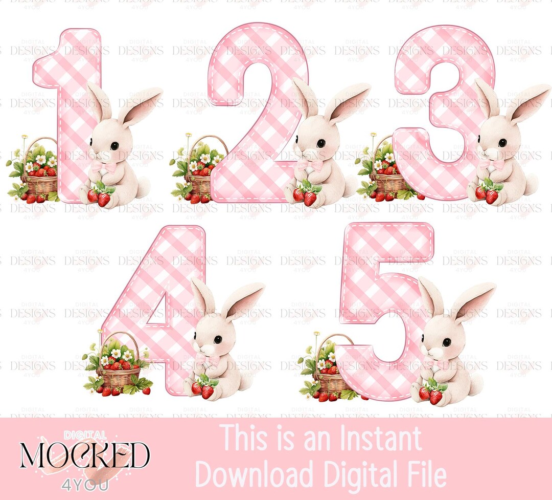 Strawberry Berry Bunny Rabbit Numbers One-five PNG - Instant Download ...