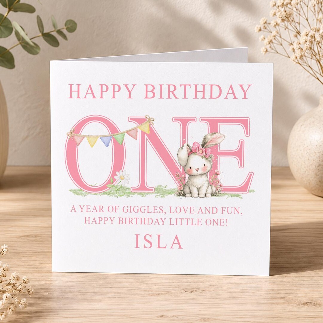 Personalised Card First Birthday: Pink Bunny Design, Custom Name | 6x6 ...