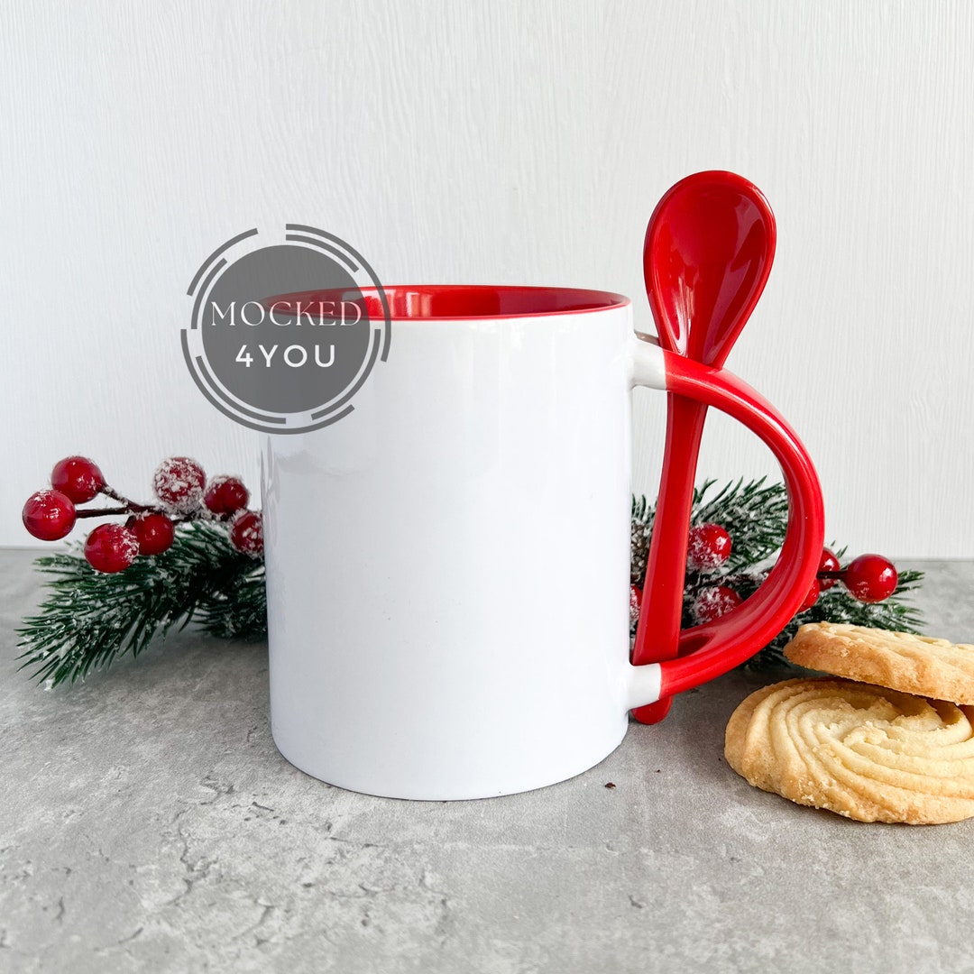 Straight Red Handled Spoon Mug Digital Mocked up Photo, Christmas Hot ...
