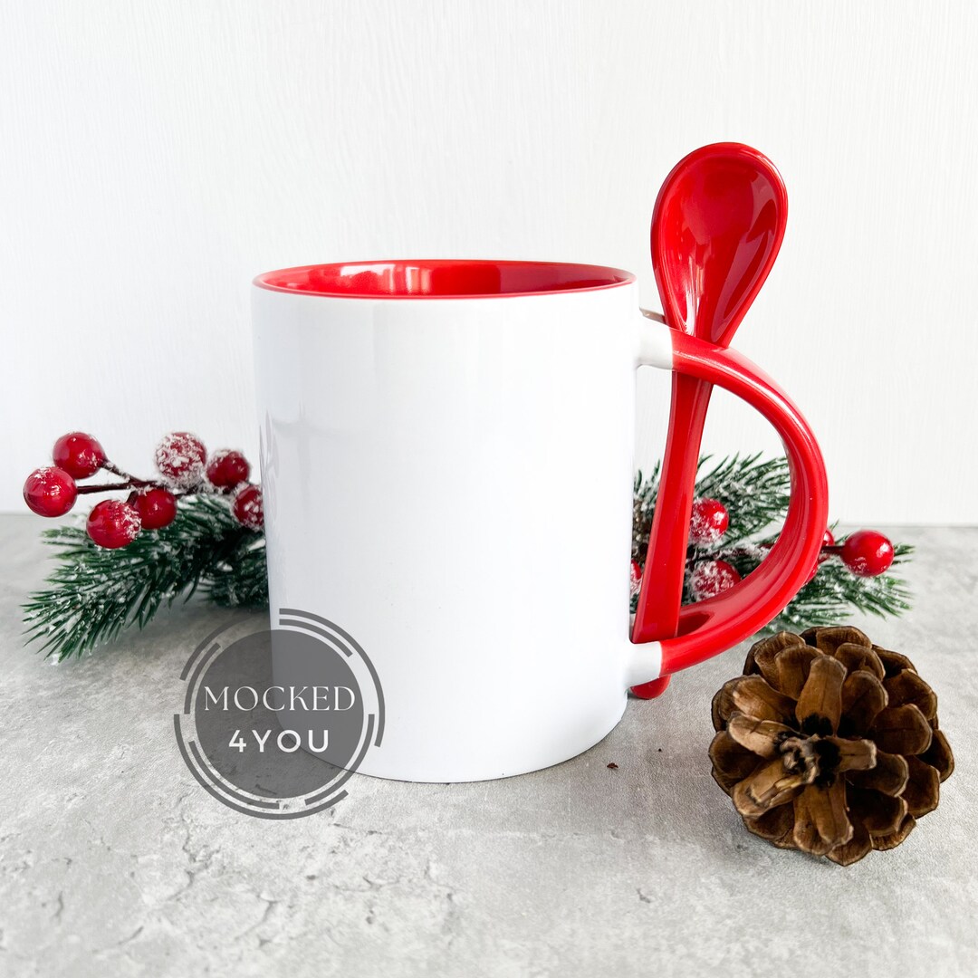 Straight Red Handled Spoon Mug Digital Mocked up Photo, Christmas Hot ...