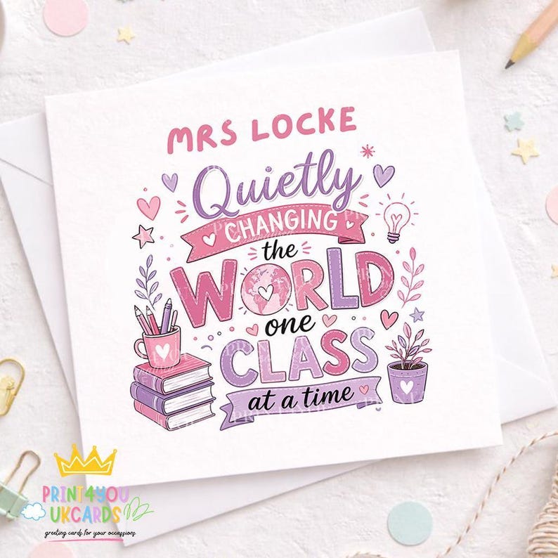 Personalised Teacher Thank You Card - Soft Pink, Classroom Illustration ...