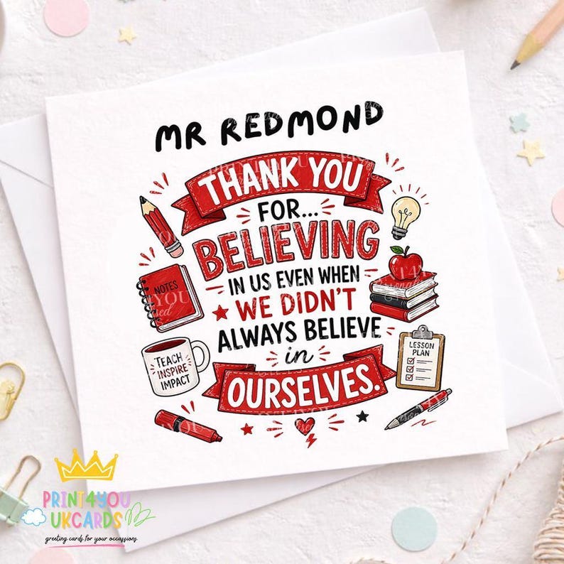 Teacher Thank You Card: Personalised Red School Design (name Option) - Etsy