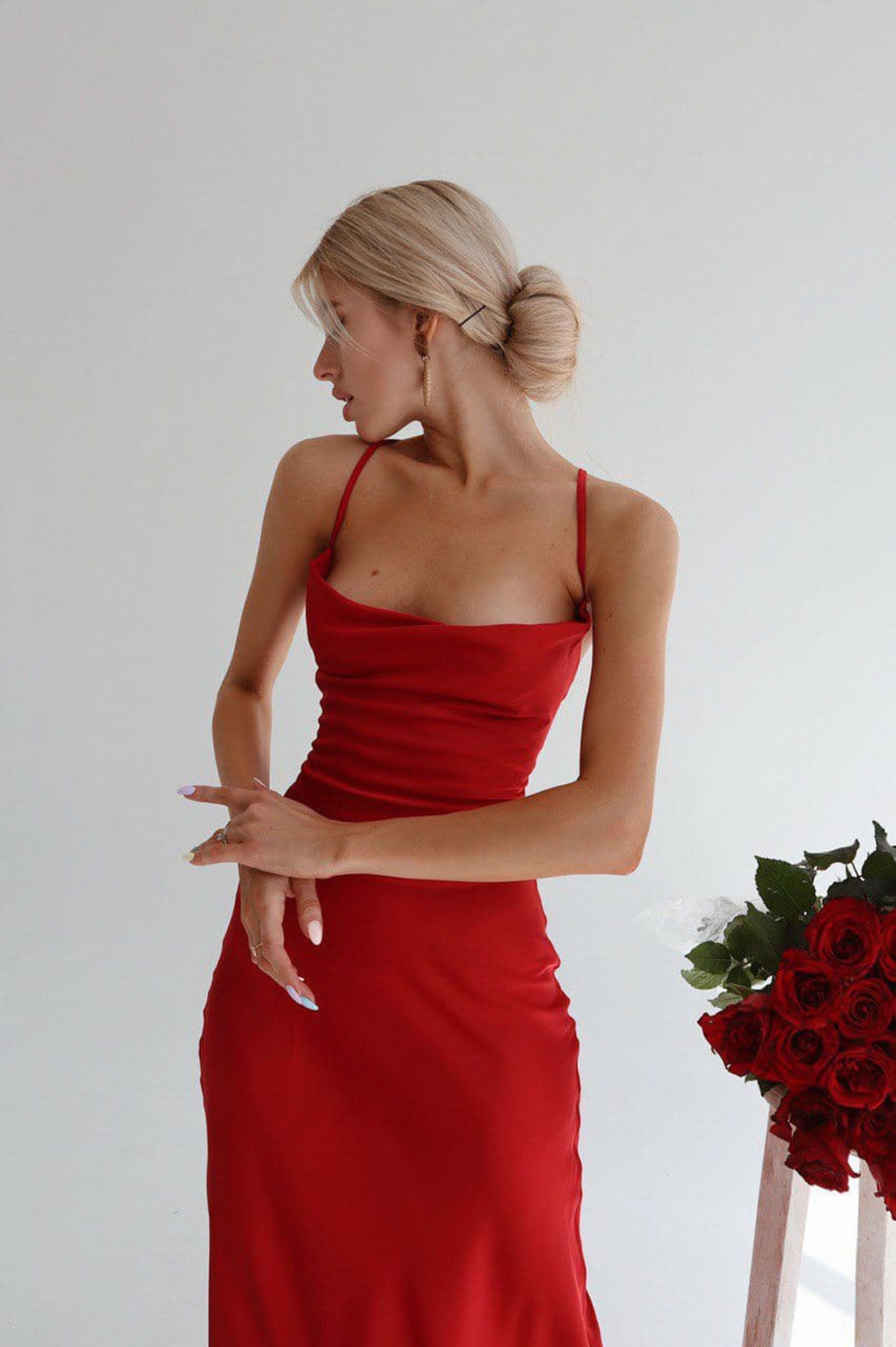 Women Silk Slip Dress Backless Midi With Cowl Neck Bridesmaids Etsy