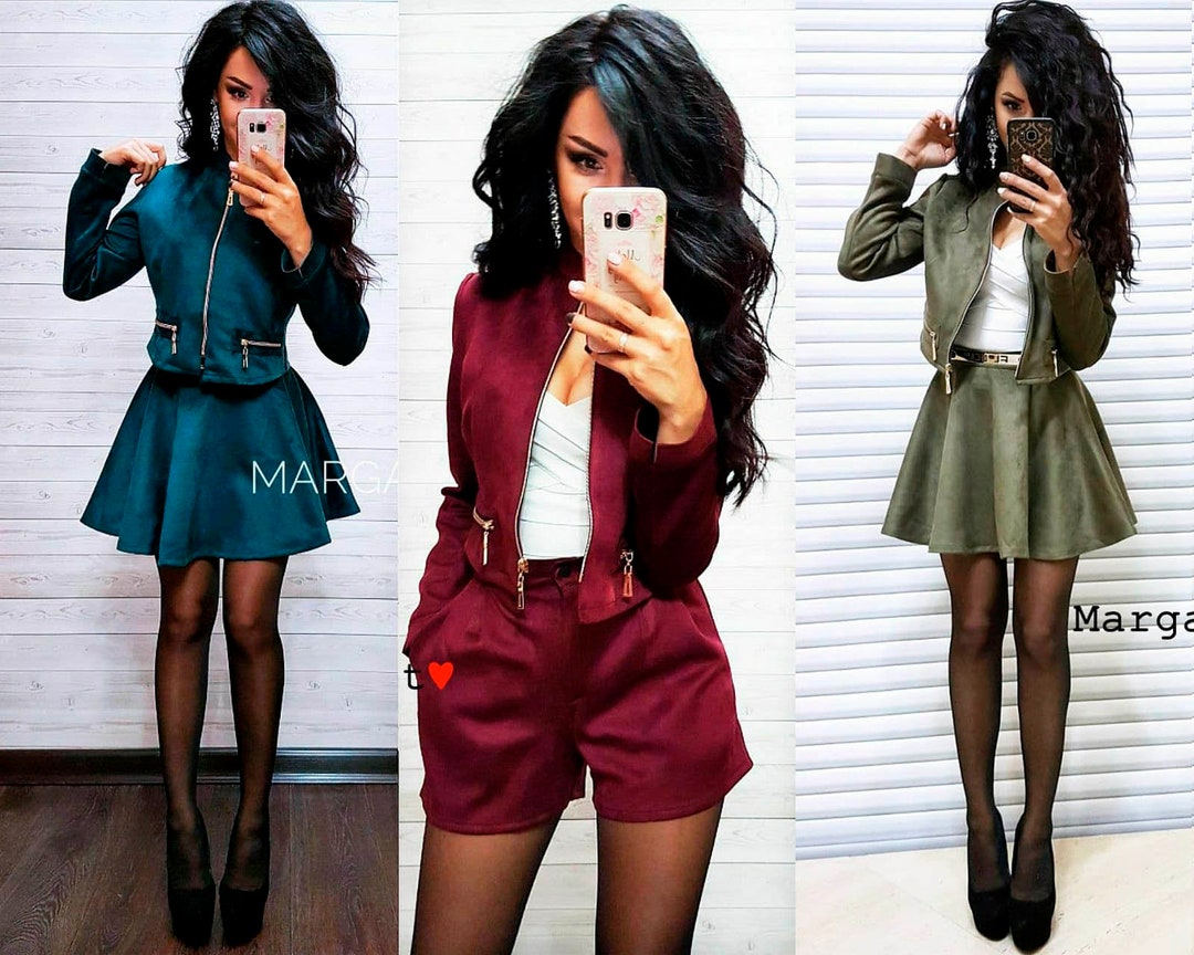 Women 3 Piece Suede Set Suit Jacket Shorts Skirt Three-piece Set Blue ...