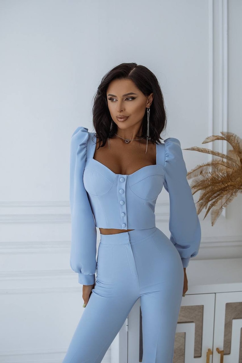 Women Suit Set Elegant Cocktail Pantsuit Corset Blouse Pants - Etsy