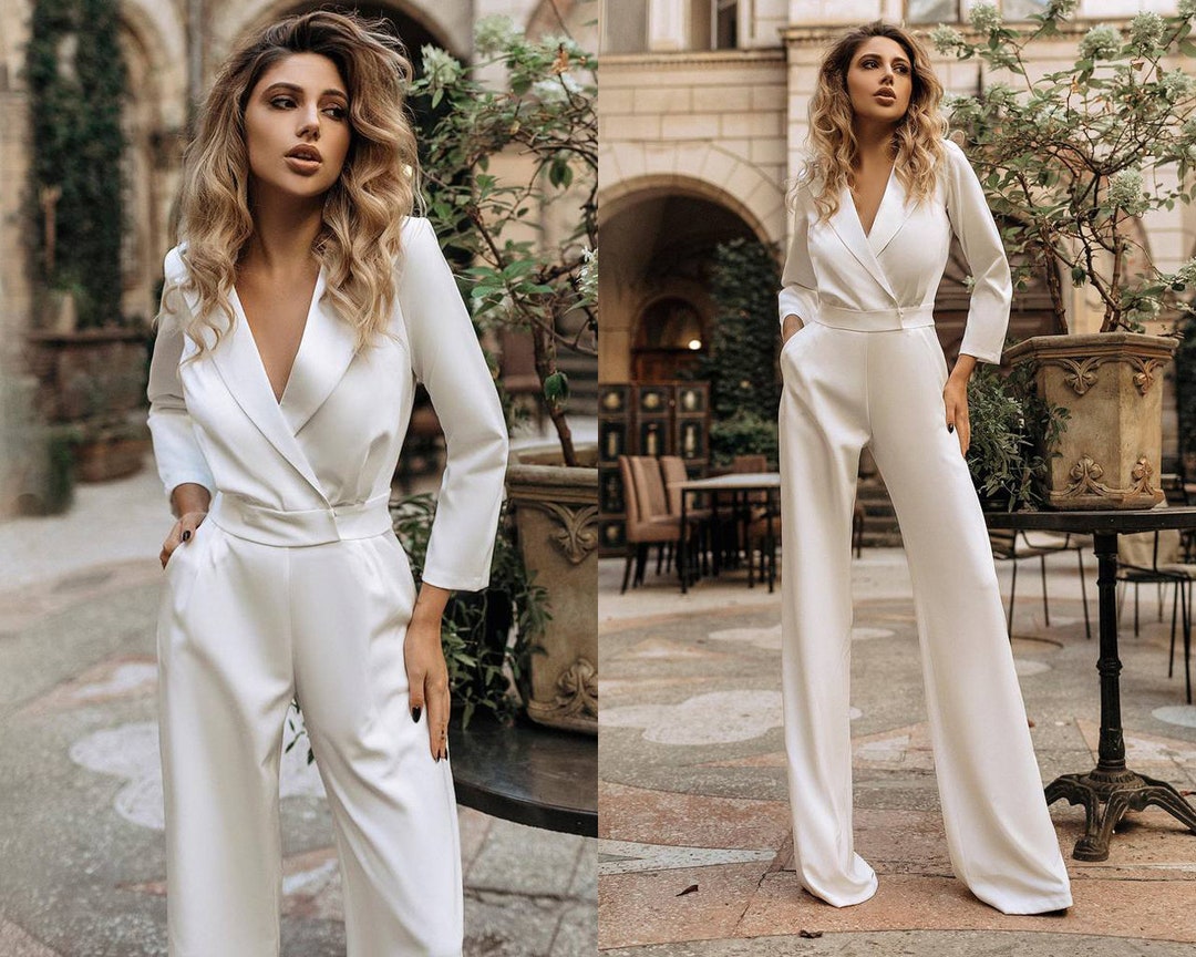 Women Jumpsuit Long Sleeves Deep Sexy V-neek White Black Emerald ...