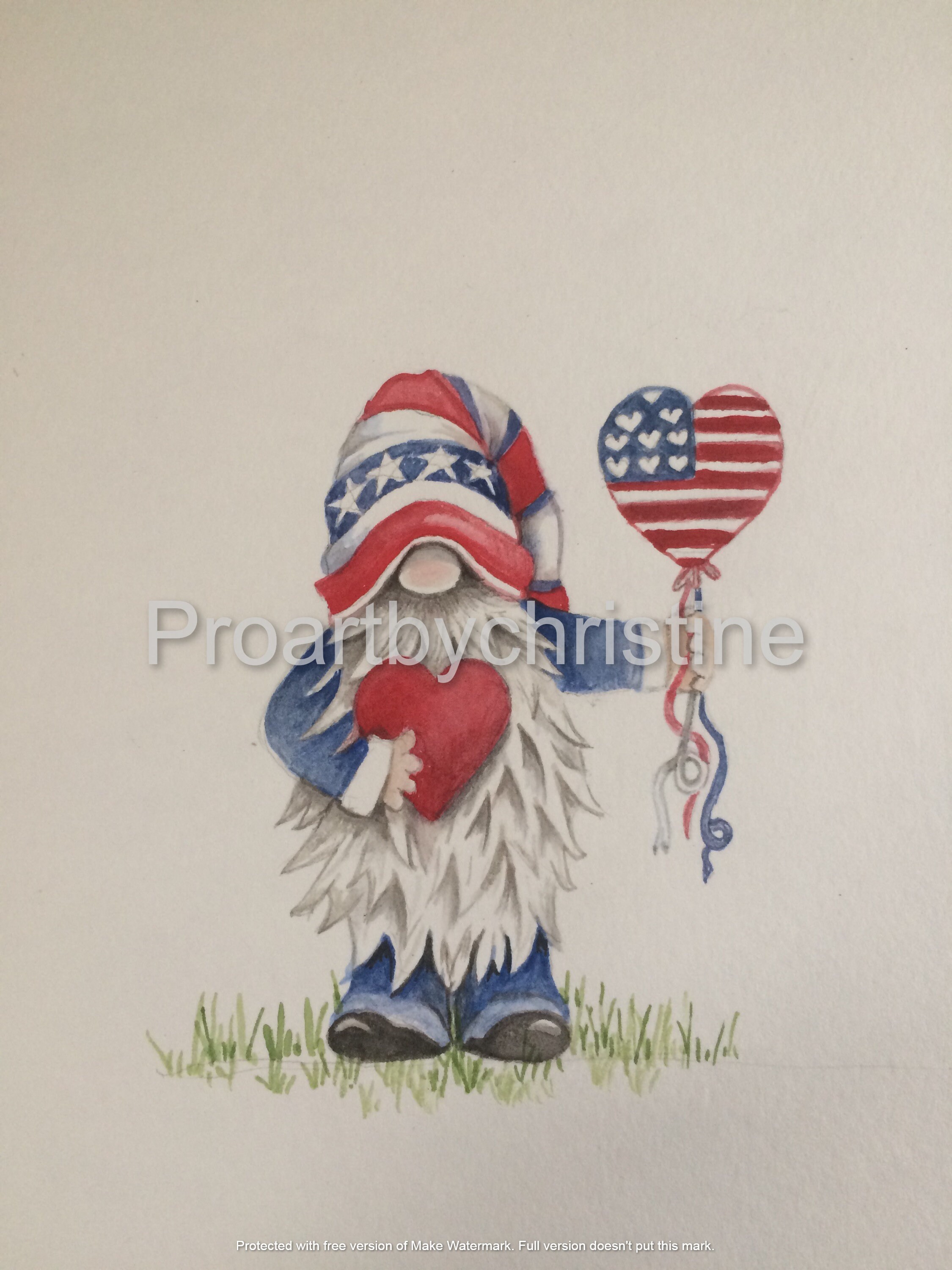 Hand Painted Gnome Watercolor Print, American Flag Patriotic Wall Art ...