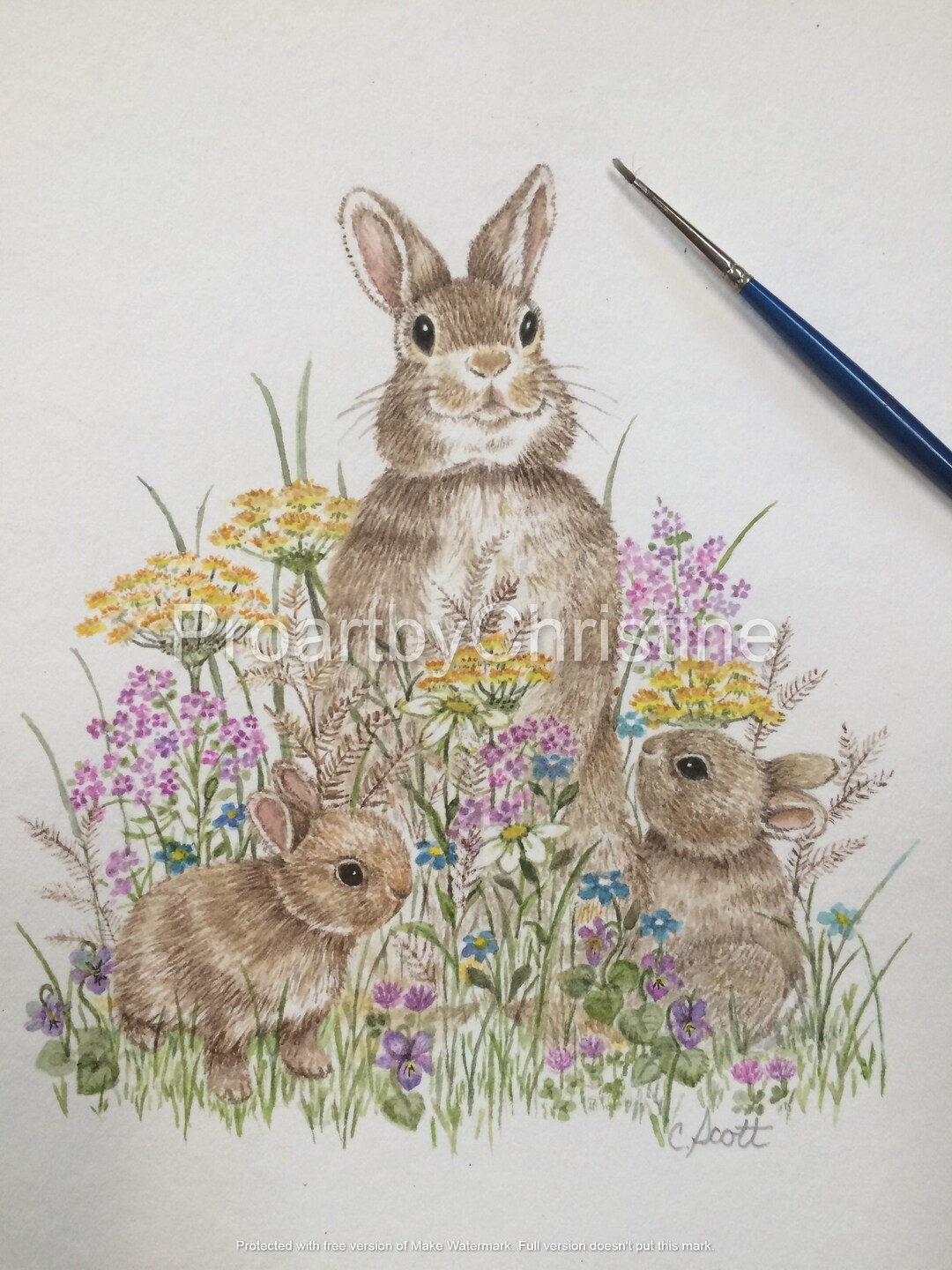 Hand Painted Watercolor of Rabbits and Wildflowers Original or Print ...