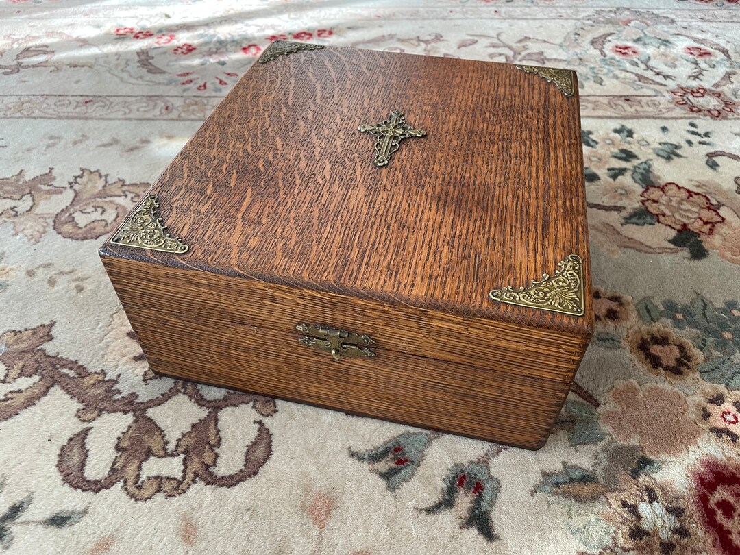 Antique Wooden Oak Bible Box, Brass Filigree Cross Christian Wedding ...