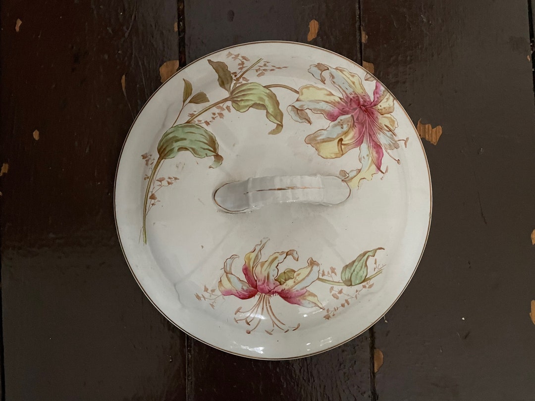 Antique Victorian Commode Lid, Beautiful Colors White Porcelain Lid ...