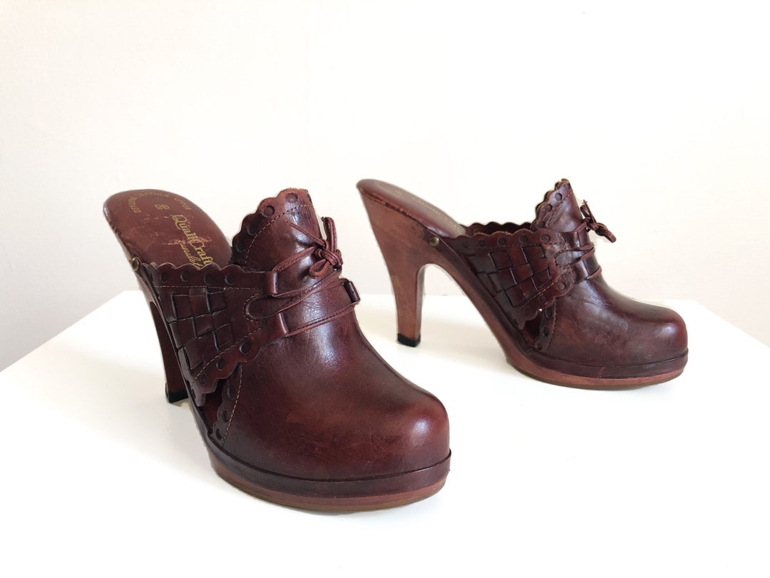 Vintage 1970s Burgundy Woven Leather High Heel Platform Clogs | ‘70s ...