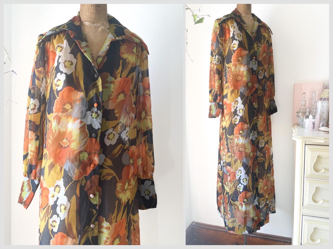 Vintage 1970’s Sheer Chiffon Duster, 70s Floral Print Robe | Boho ...