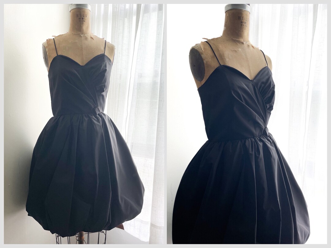 Vintage ‘80s Bubble Hem Pouf Dress, Swishy Black Taffeta Mini Dress, XS ...