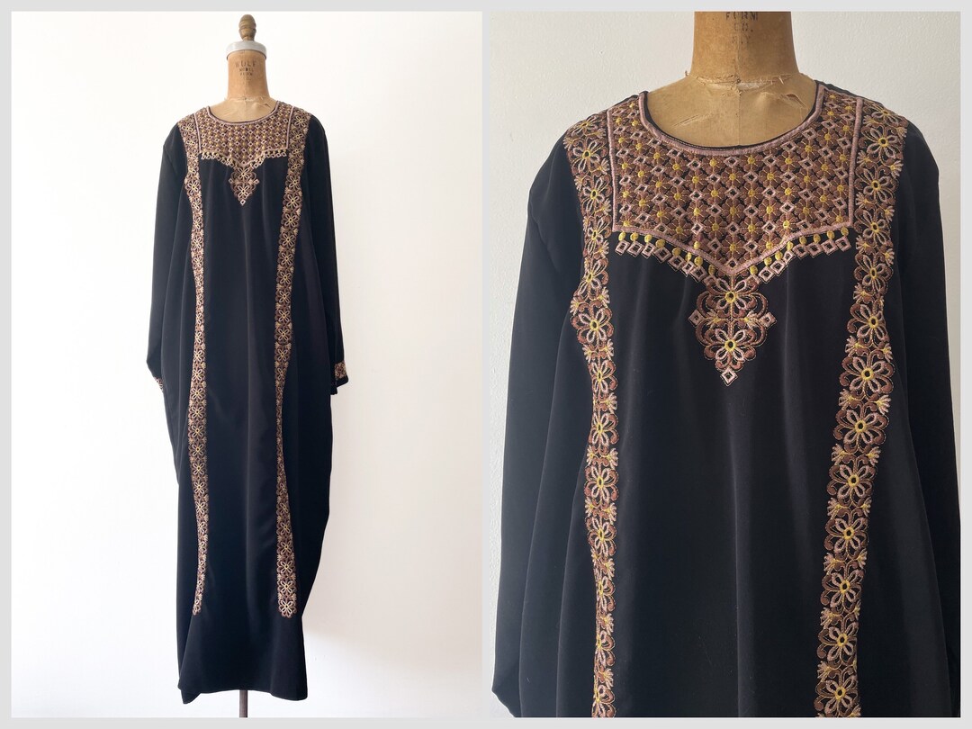 Vintage Black Embroidered Caftan Dress, Floor Length Gown Pakistan or ...