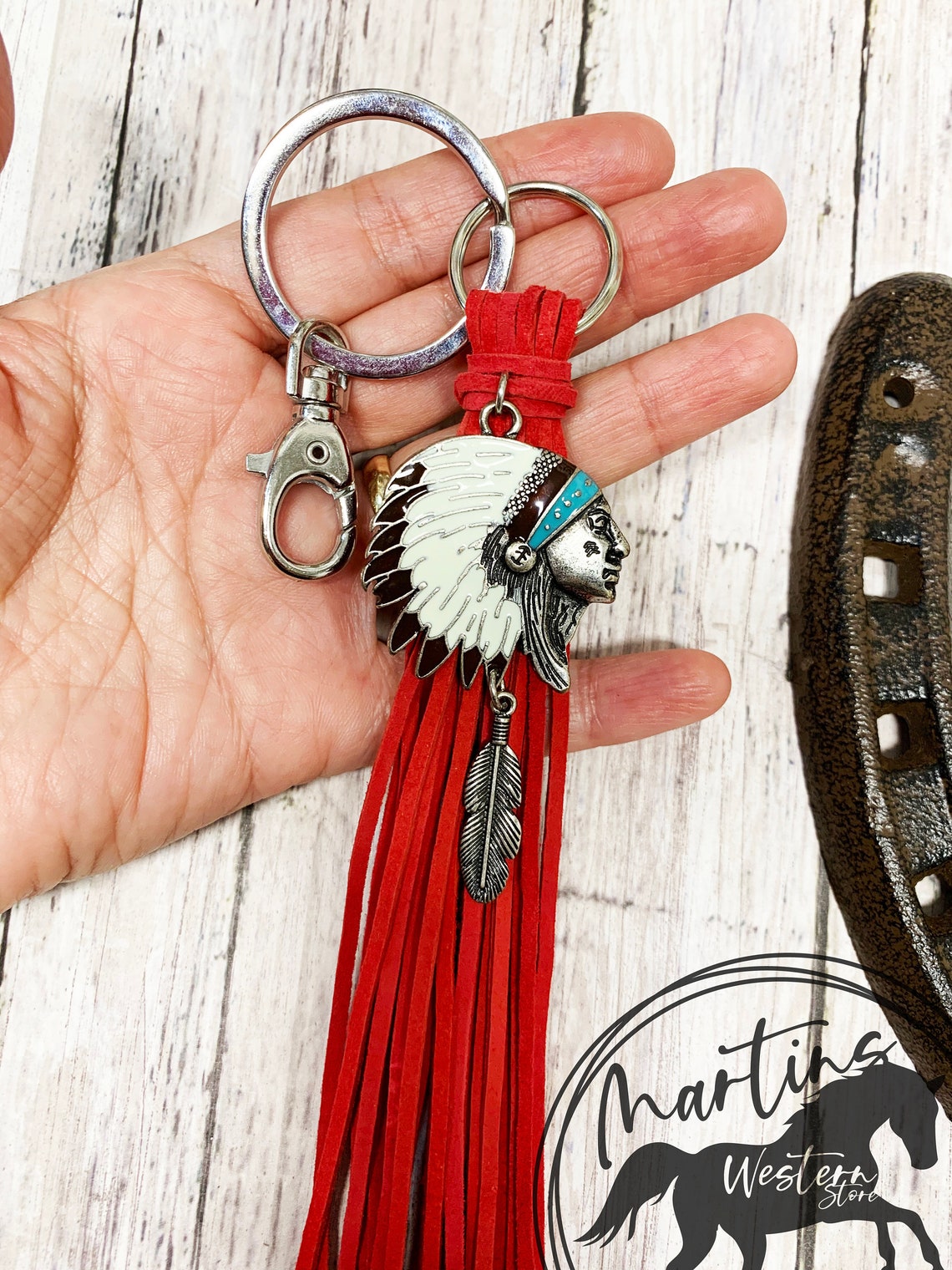 Red Leather Keychain Bag Charm Native American Large Tassel | Etsy