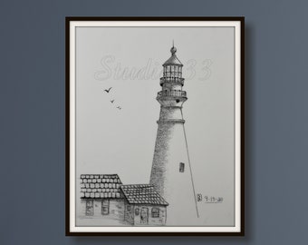 PRINTABLE Lighthouse Pen & Ink Drawing Seascape Wall Art | Etsy