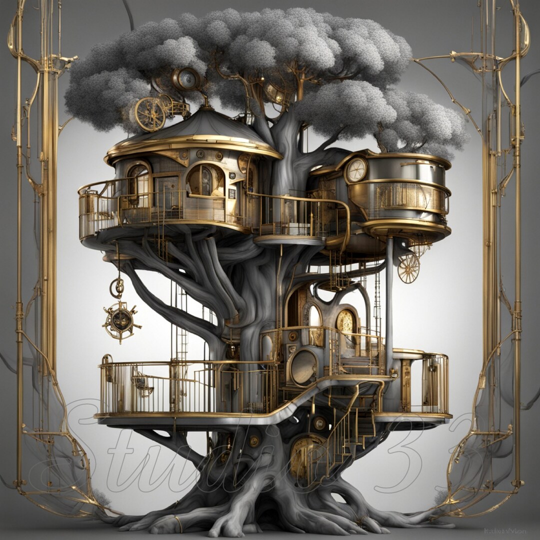 Steampunk Art, Downloadable Steampunk Tree House Print, Computer Generated Nostalgic Industrial ...