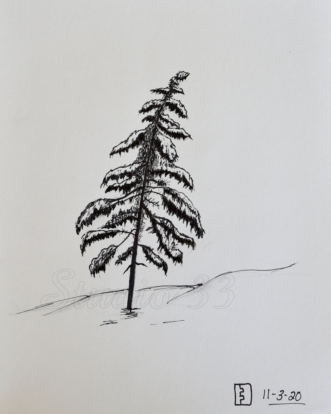 PRINTABLE Snow Covered Pine Tree Pen & Ink Drawing, Downloadable Art ...