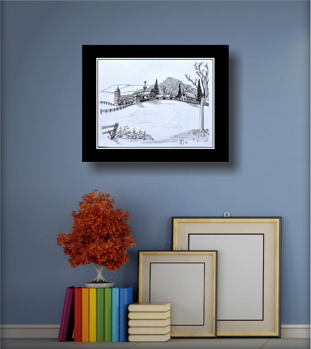 Old Farm Landscape Pen & Ink Sketch, Downloadable Rural America Art ...