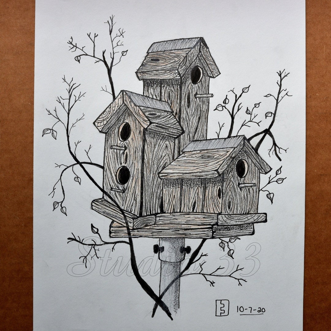 Birdhouse, Pen and Ink Drawing, Printable Bird House Sketch, Wooden ...