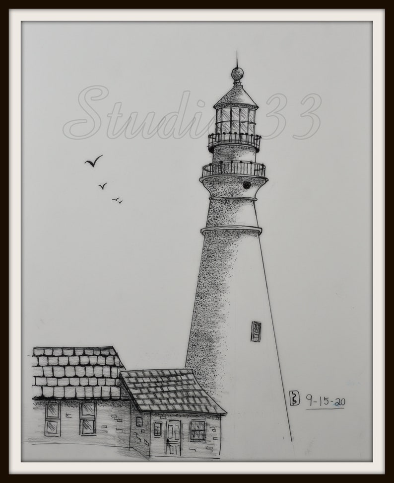 Lighthouse Pen & Ink Drawing, Seascape Wall Art (downloadable) - Etsy