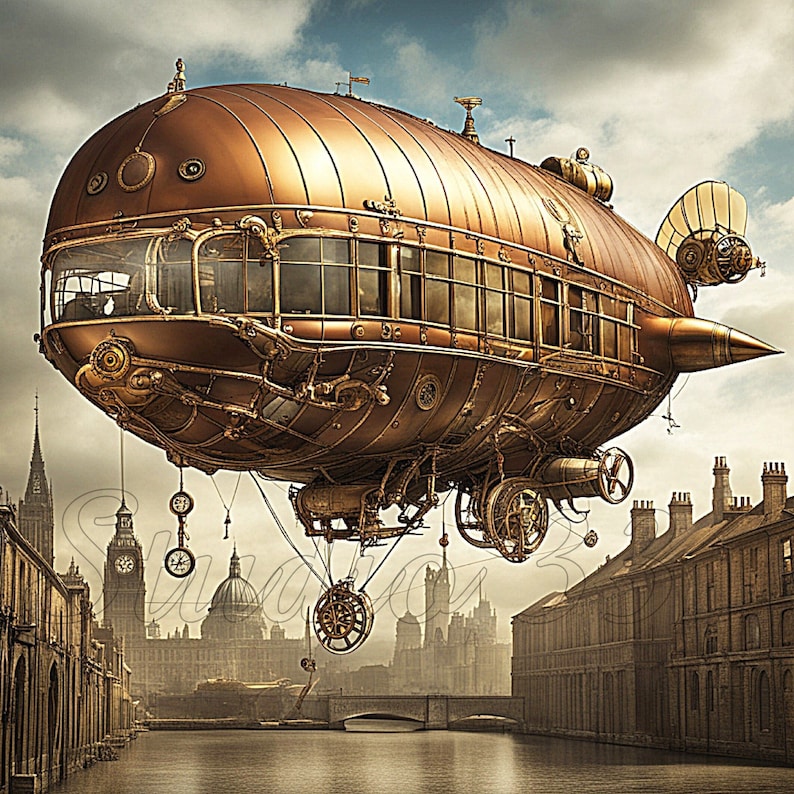 Steampunk Blimp, Downloadable Steampunk Dirigible in Color, Computer Generated Flying Machine ...