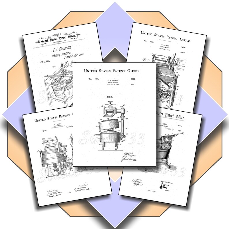 Washing Machine Patent Drawings - 5 Old Time Washing Machine Patents ...