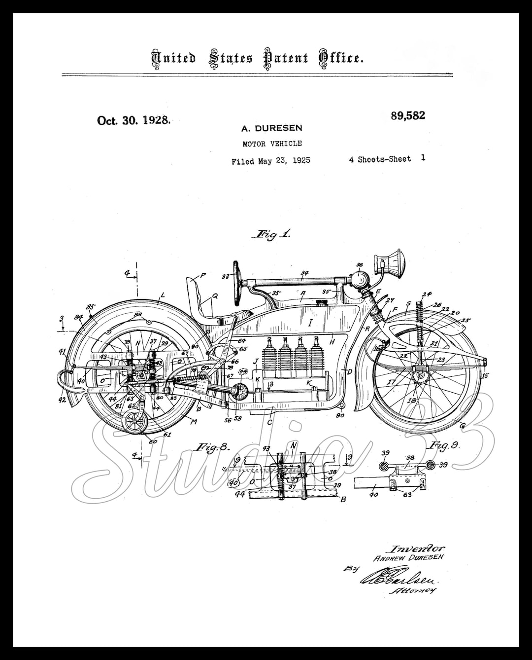 1928 Motorcycle / Vintage 1928 Motorcycle Patent Drawing, Steampunk ...