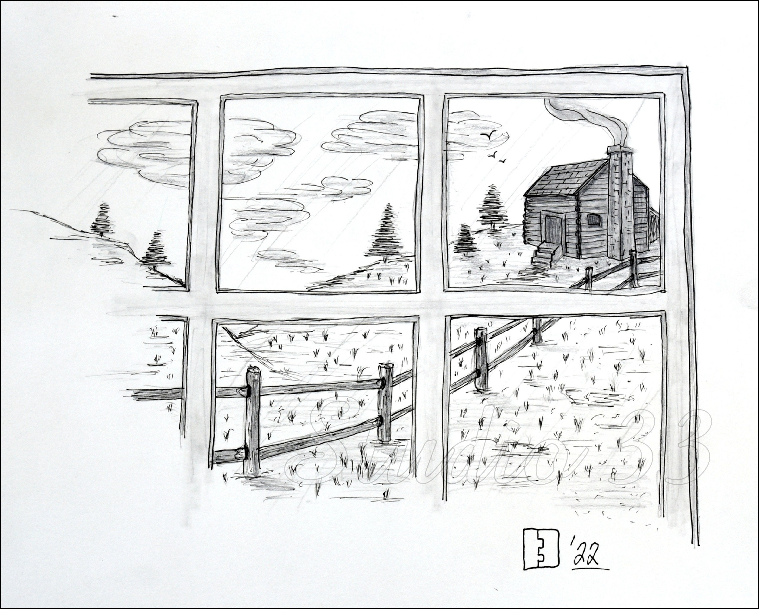 Log Cabin Pen & Ink Drawing, Farmyard Landscape Art (digital Download ...