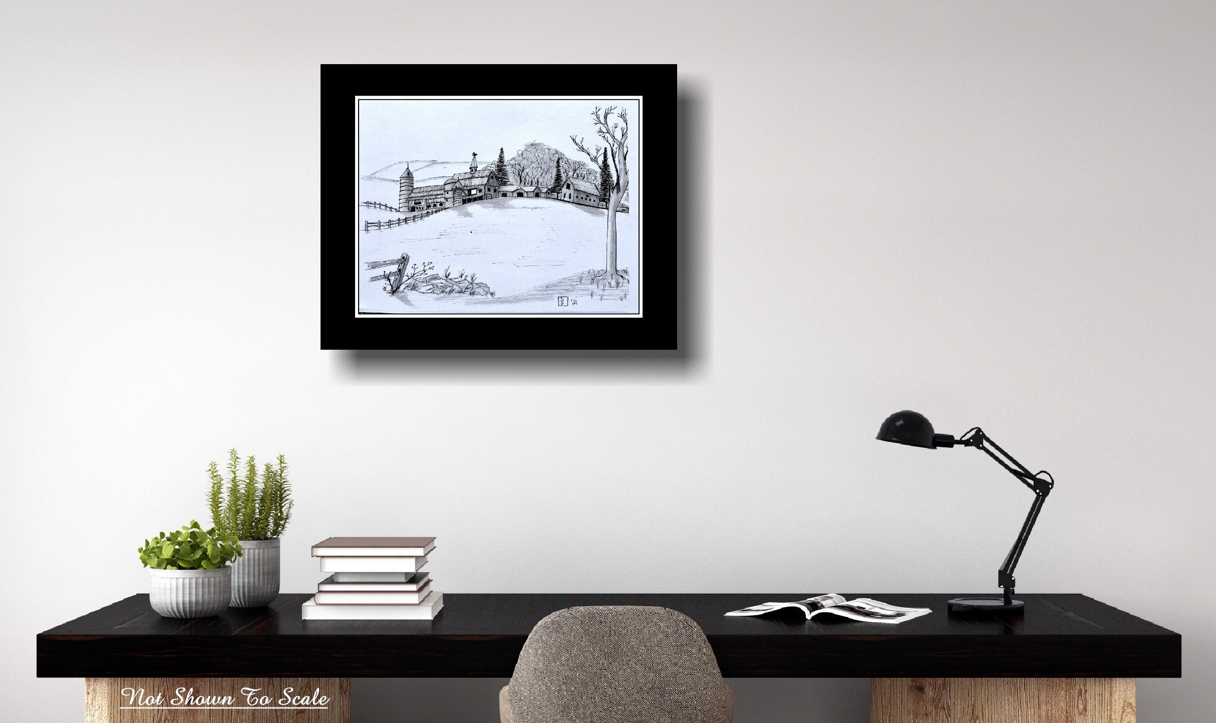 Old Farm Landscape Pen & Ink Sketch, Downloadable Rural America Art ...