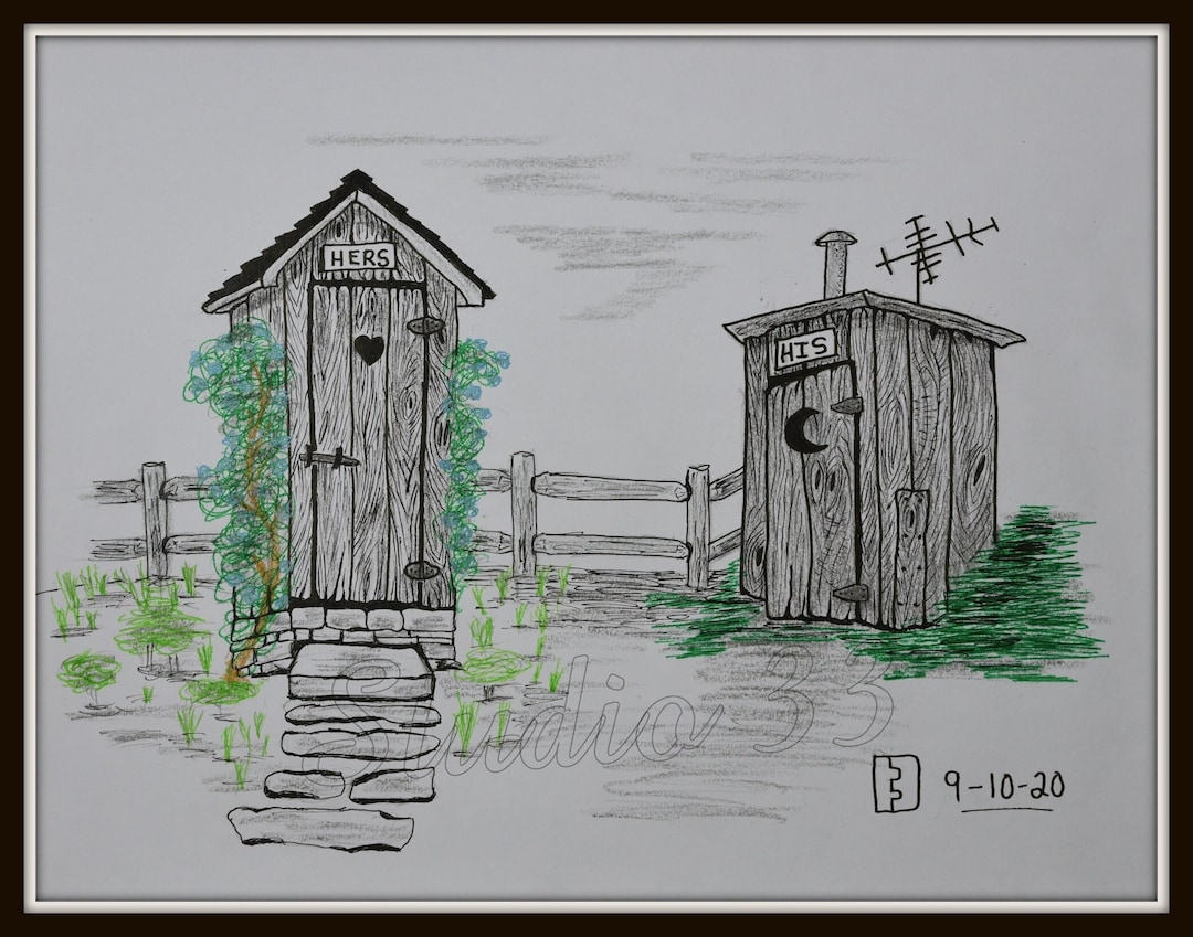 His and Hers Outhouse Pen & Ink Drawing, Rustic Farmhouse Sketch ...