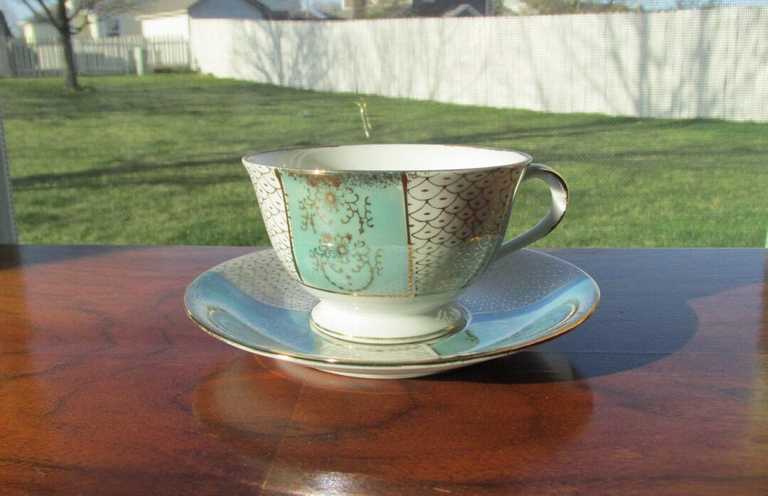 Vintage Aqua Luster Tea Cup and Saucer Gold Trim Norleans Fine Bone ...