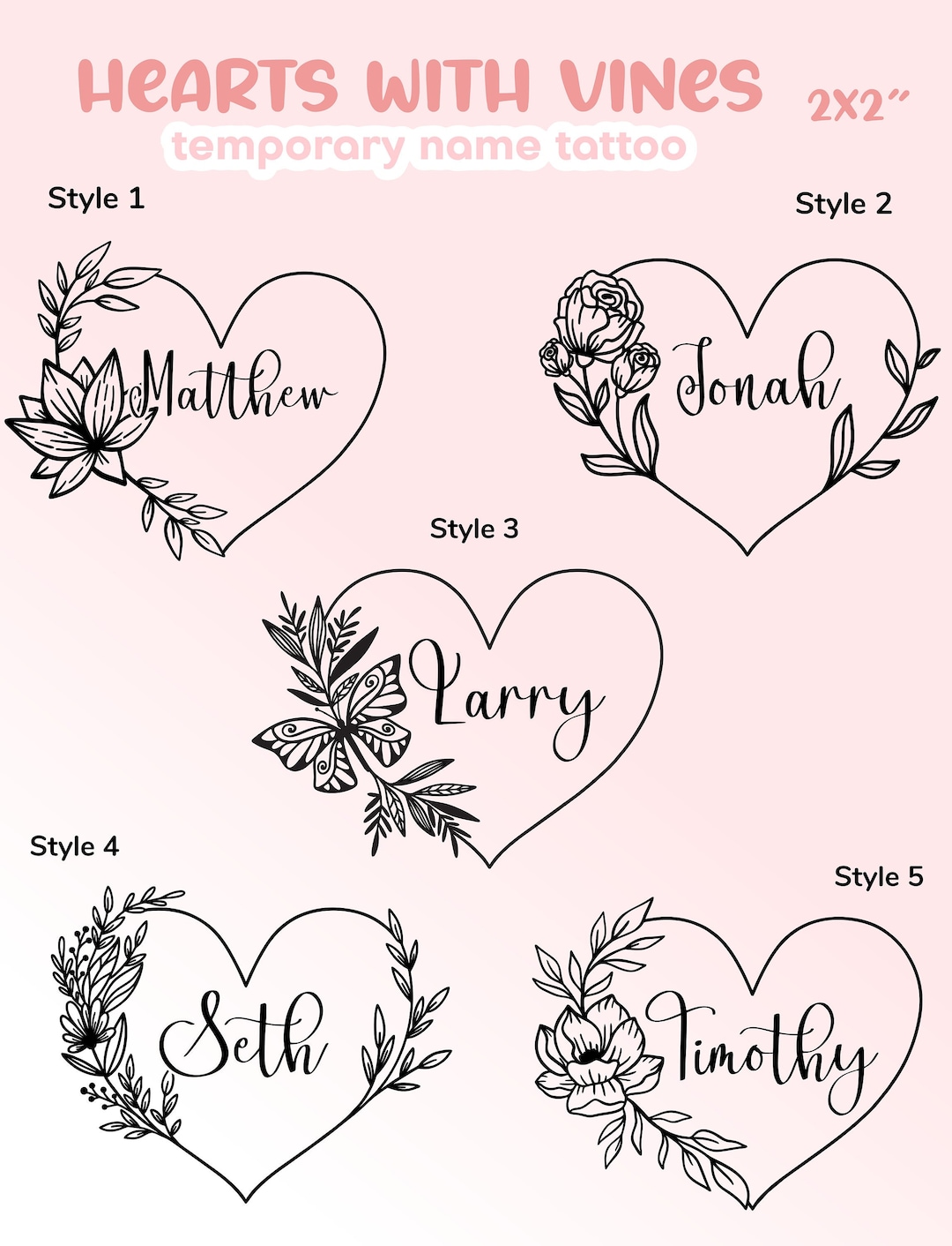 Custom Hearts With Vines Temporary Personalized Name Tattoo HEART ...