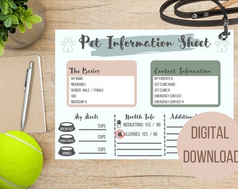 Pet Care Information Pet Sitter Pet Info Sheet Digital Product ...