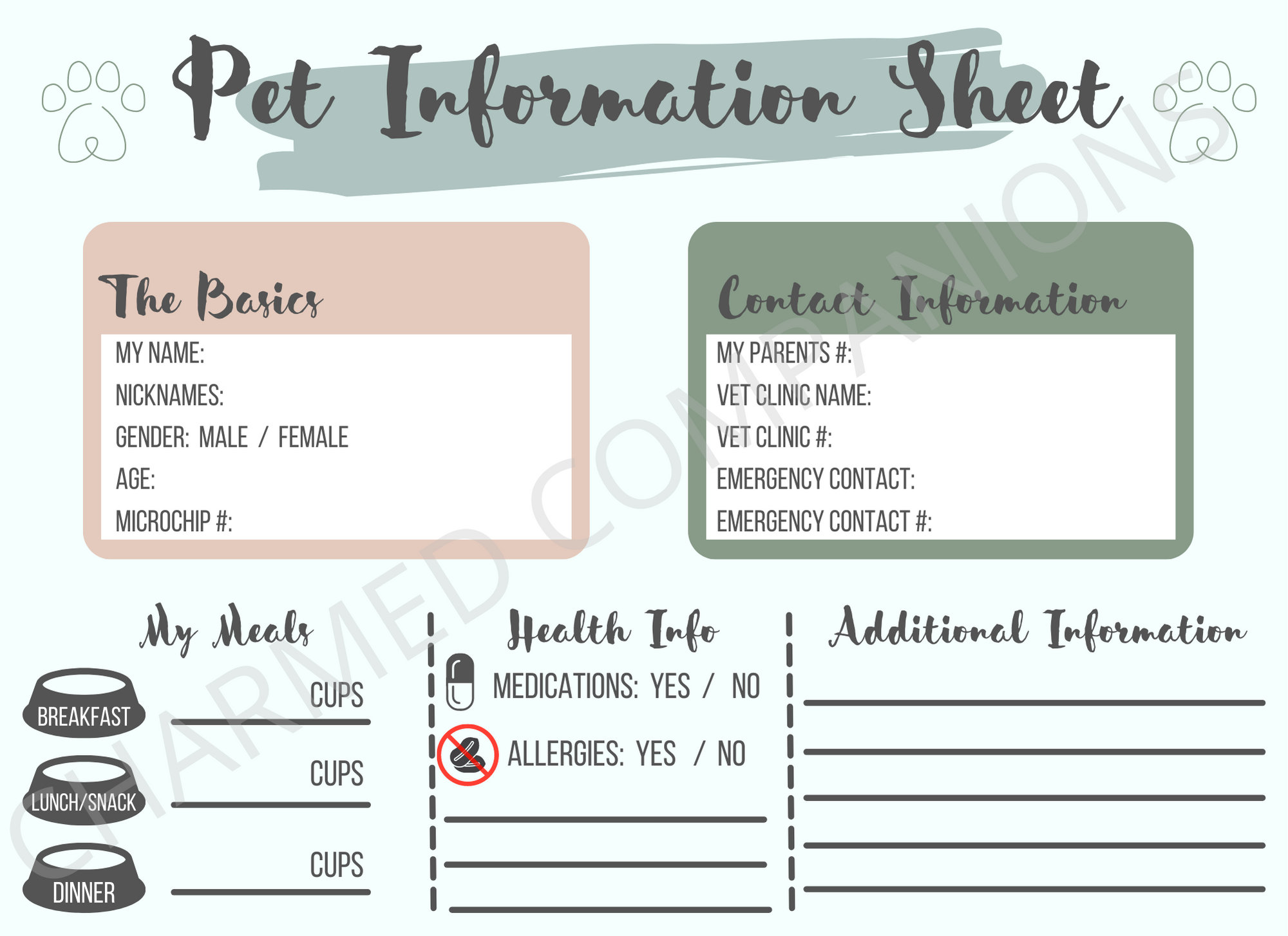 Digital Pet Care Information Sheet - Etsy