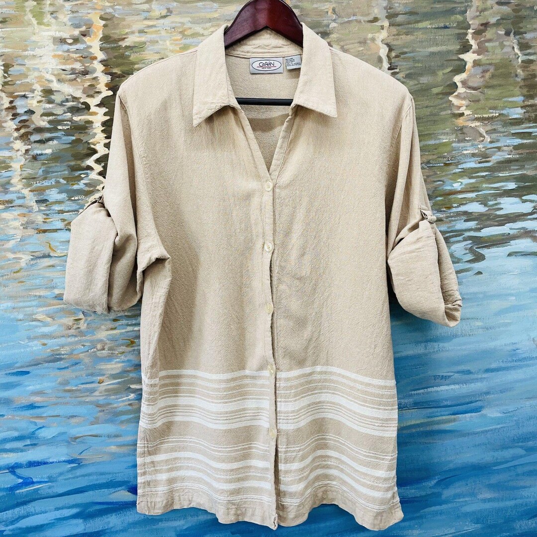 Caran New York Button Front Blouse Linen Sz 2X Roll Tabbed Sleeves ...