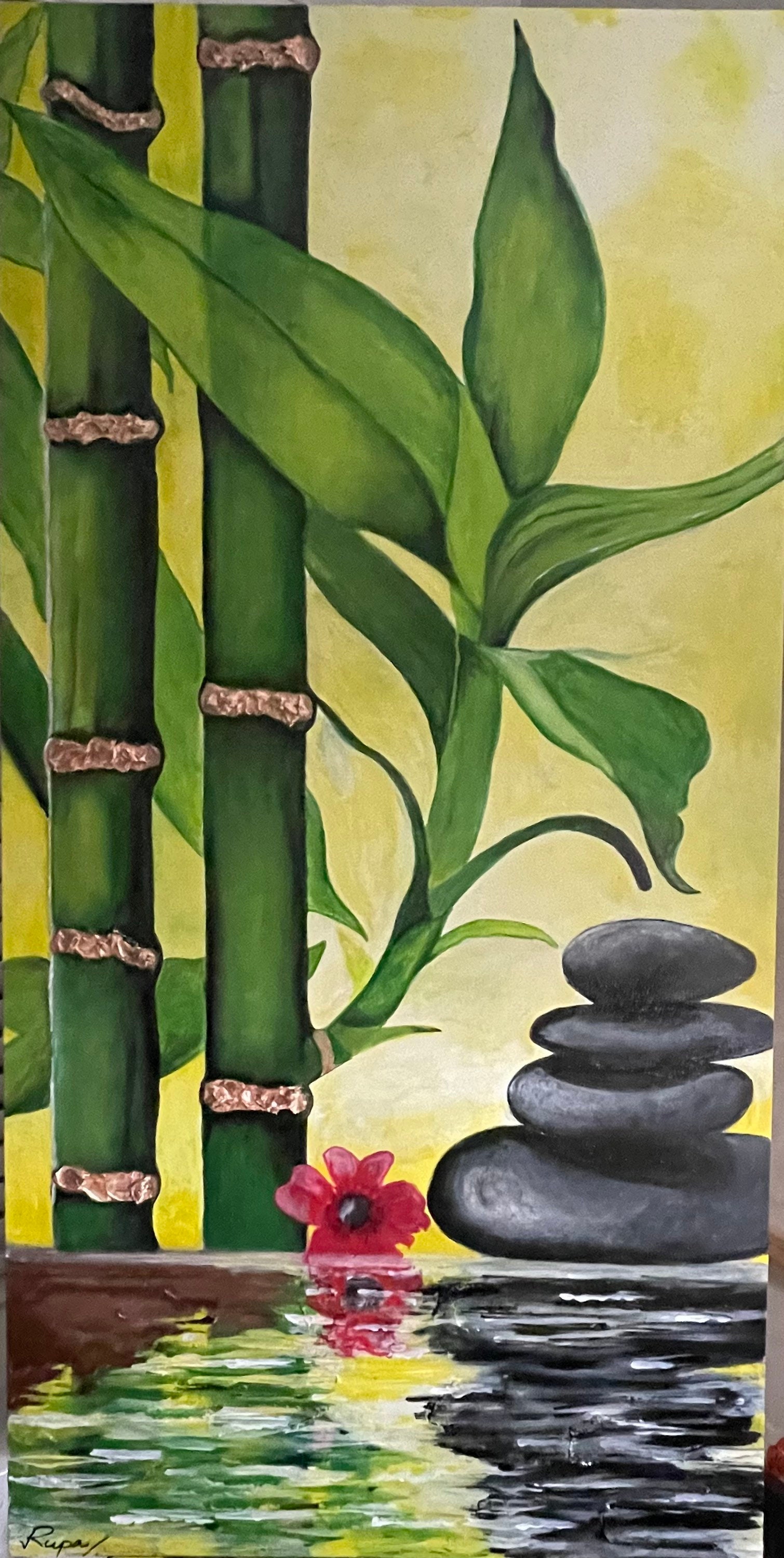 Acrylic Painting of Bamboo Tree Near Rocks and Flower - Etsy