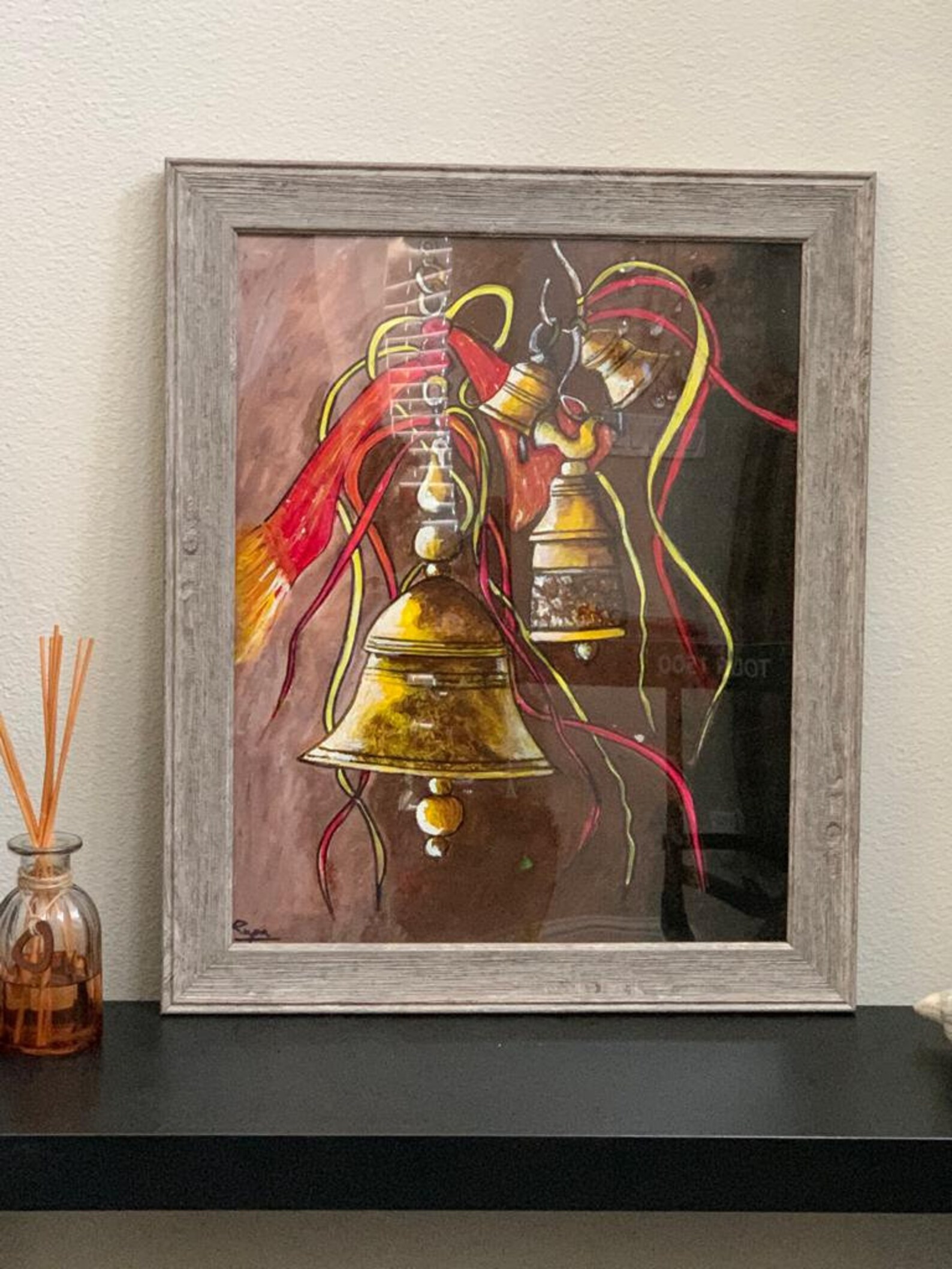 Modern Acrylic Temple Bells Painting With Faux Gray Wooden Framing - Etsy