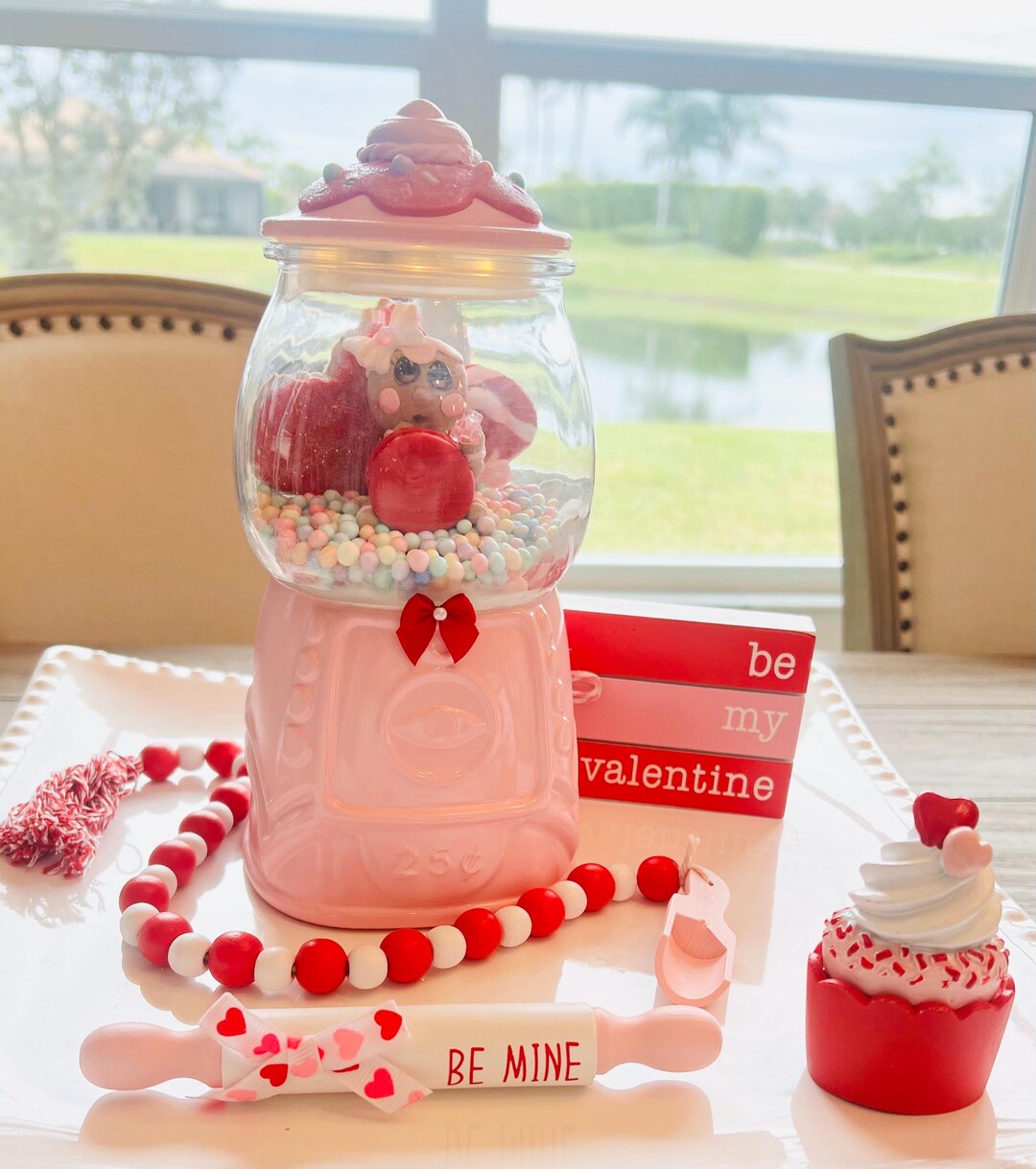 Pink Glass Gumball Machine With Gingerbread and Faux Treats Whimsical ...