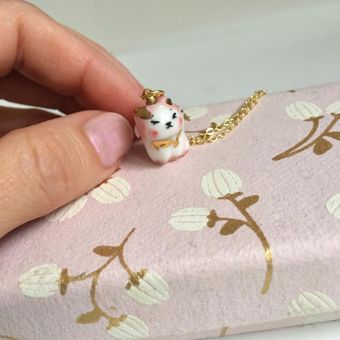 Miniature Porcelain Maneki Neko Pendant on Vermeil Chain, Maneki Neko ...