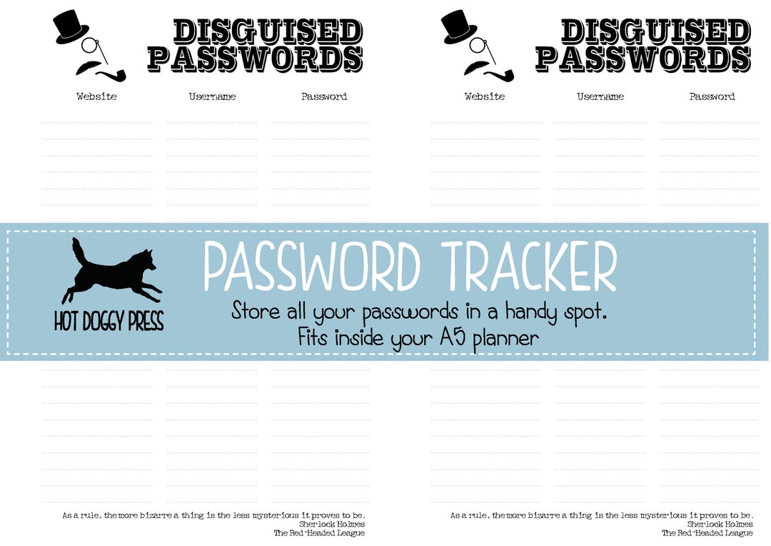 Password Tracker A5 | Disguise Your Passwords | Filofax Printable ...
