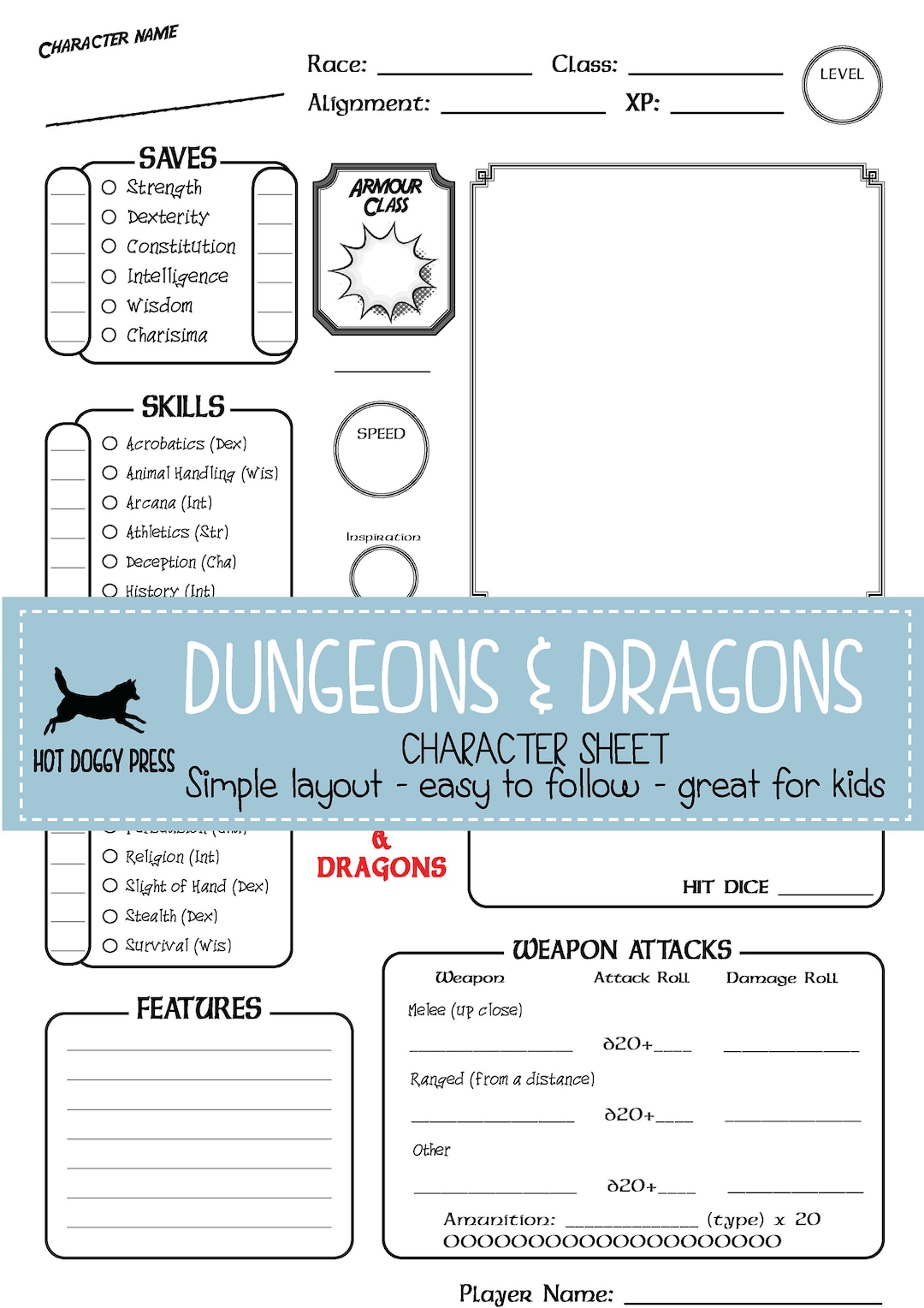 Dungeons and Dragons Character Sheet | Simple Layout Perfect for ...
