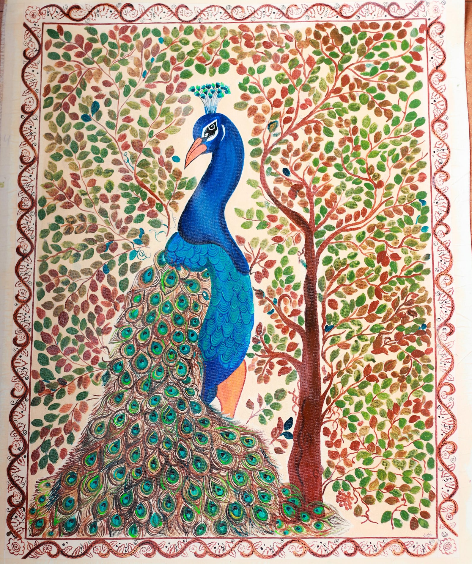 Indian Kalamkari Tree of Life Peacock Painting, Canvas Painting on 22 ...