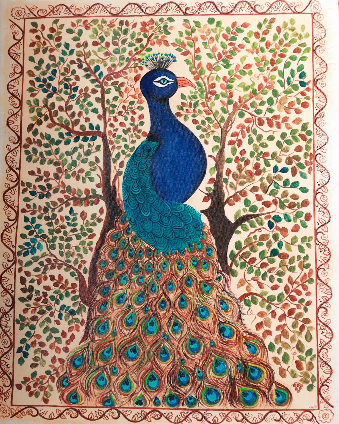Indian Kalamkari Tree of Life Peacock Painting, Canvas Painting on 22 ...