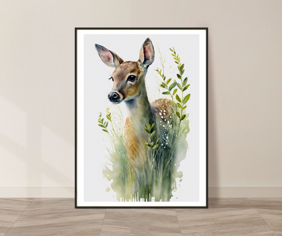 Doe Watercolor Art Print, Doe and Nature Painting Wall Art Decor ...
