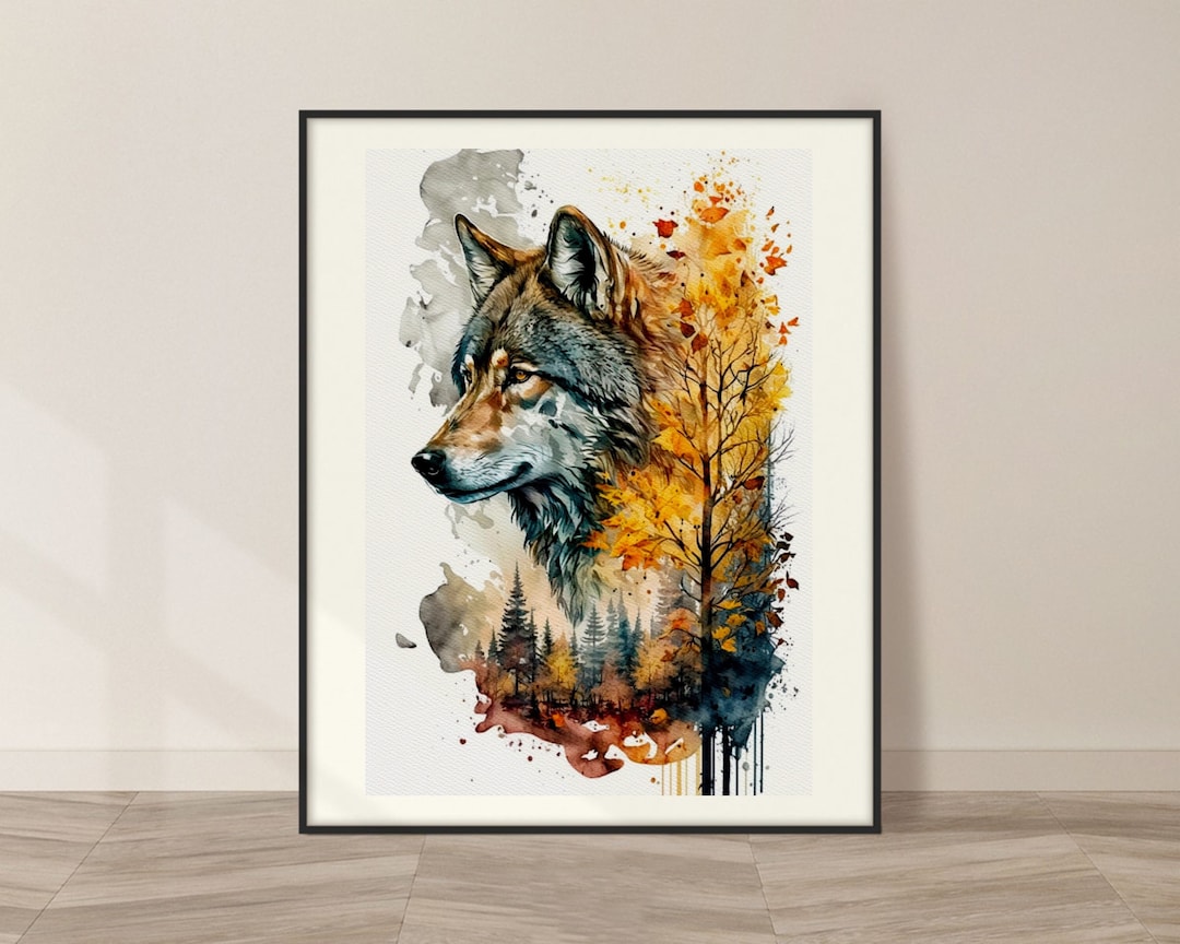 Wolf and Nature Watercolor Art Print, Wolf and Nature Painting Wall Art ...